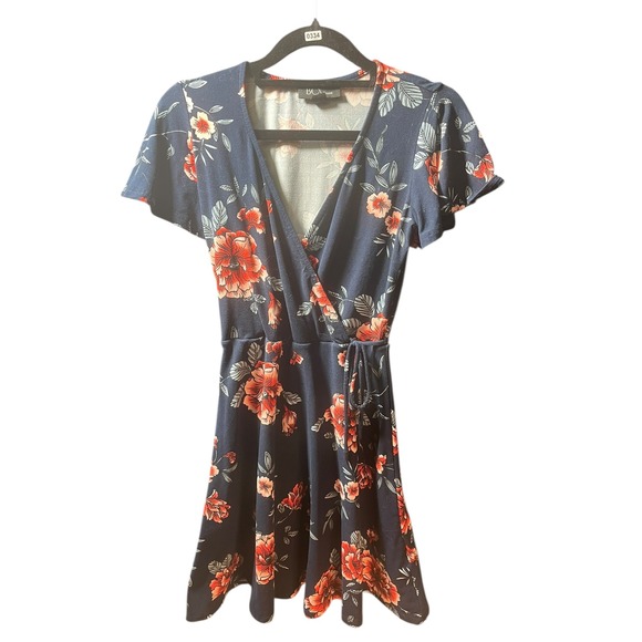 BCX | Dresses | Bcx Navy Floral Wrap Dress Short Sleeve Fit Flare ...